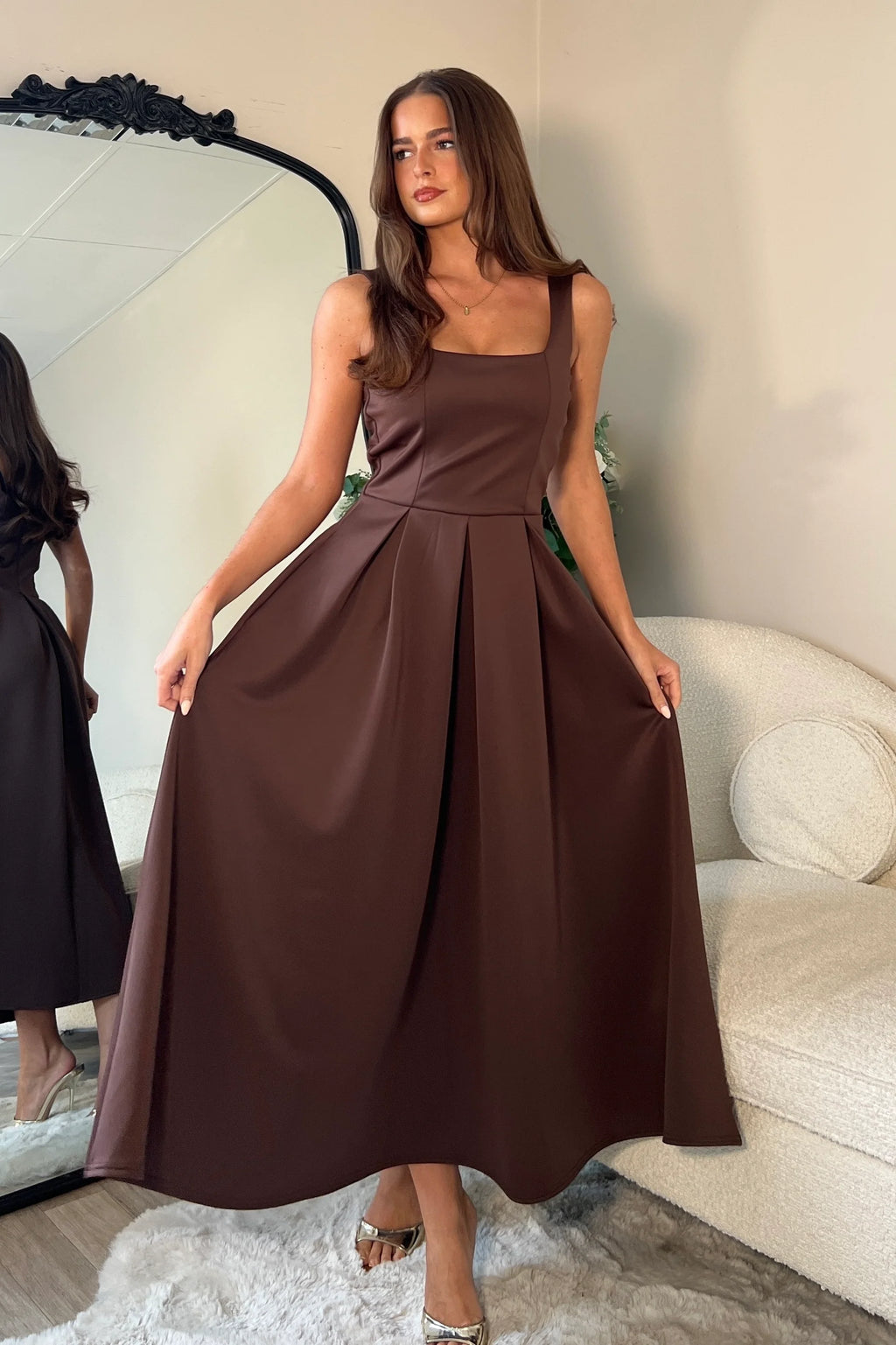 Girl In Mind Erica Square Neck Pleated Brown Midi Dress – Love My Apparel