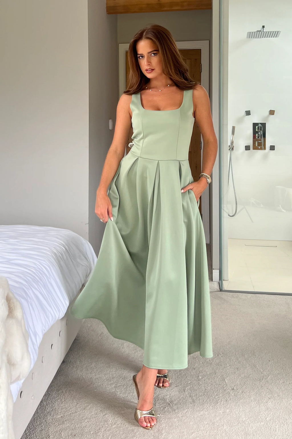 Girl In Mind Erica Square Neck Pleated Sage Midi Dress – Love My Apparel